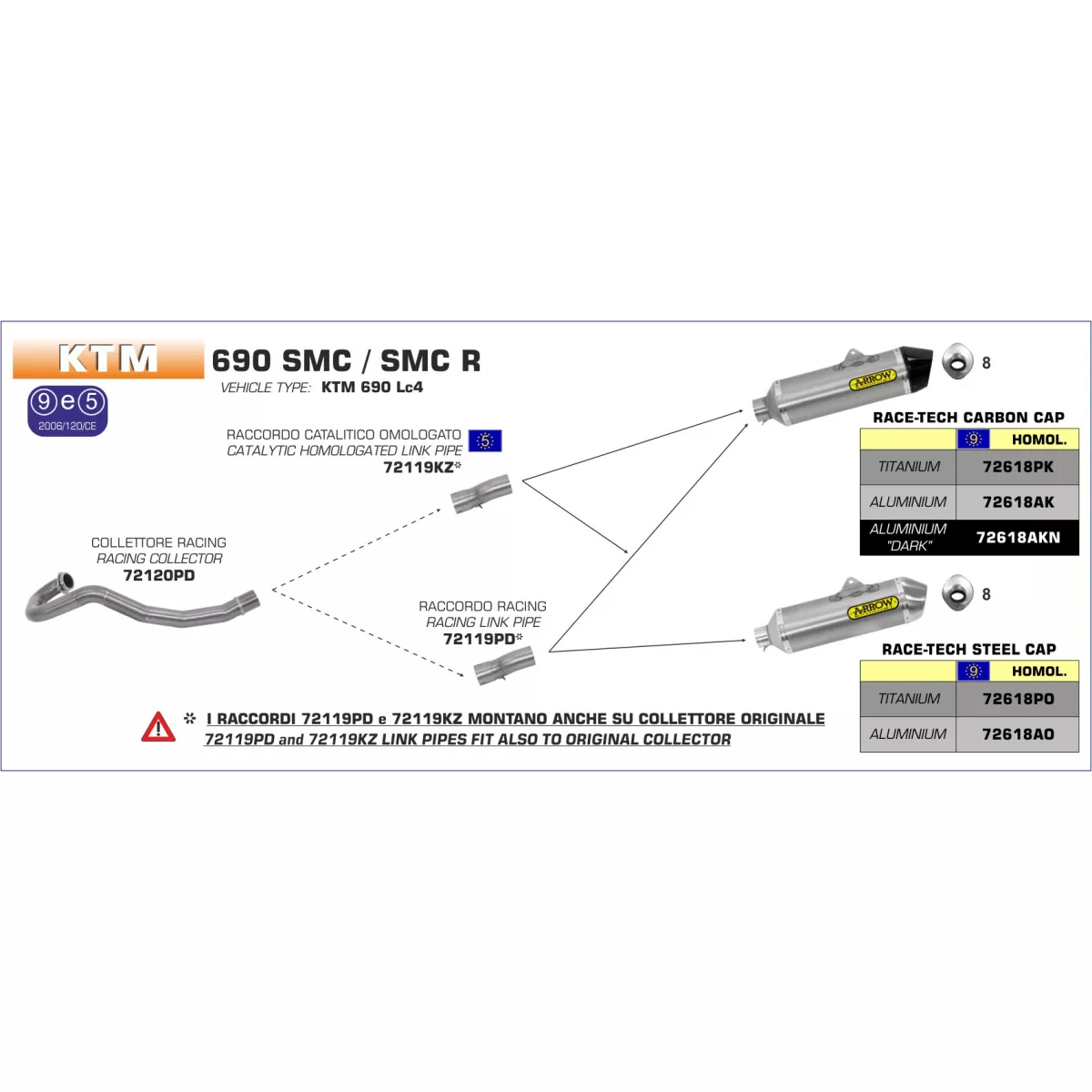 Raccord intermédiaire Racing 72119PD ARROW pour KTM 690 SMC / R et 690 ...