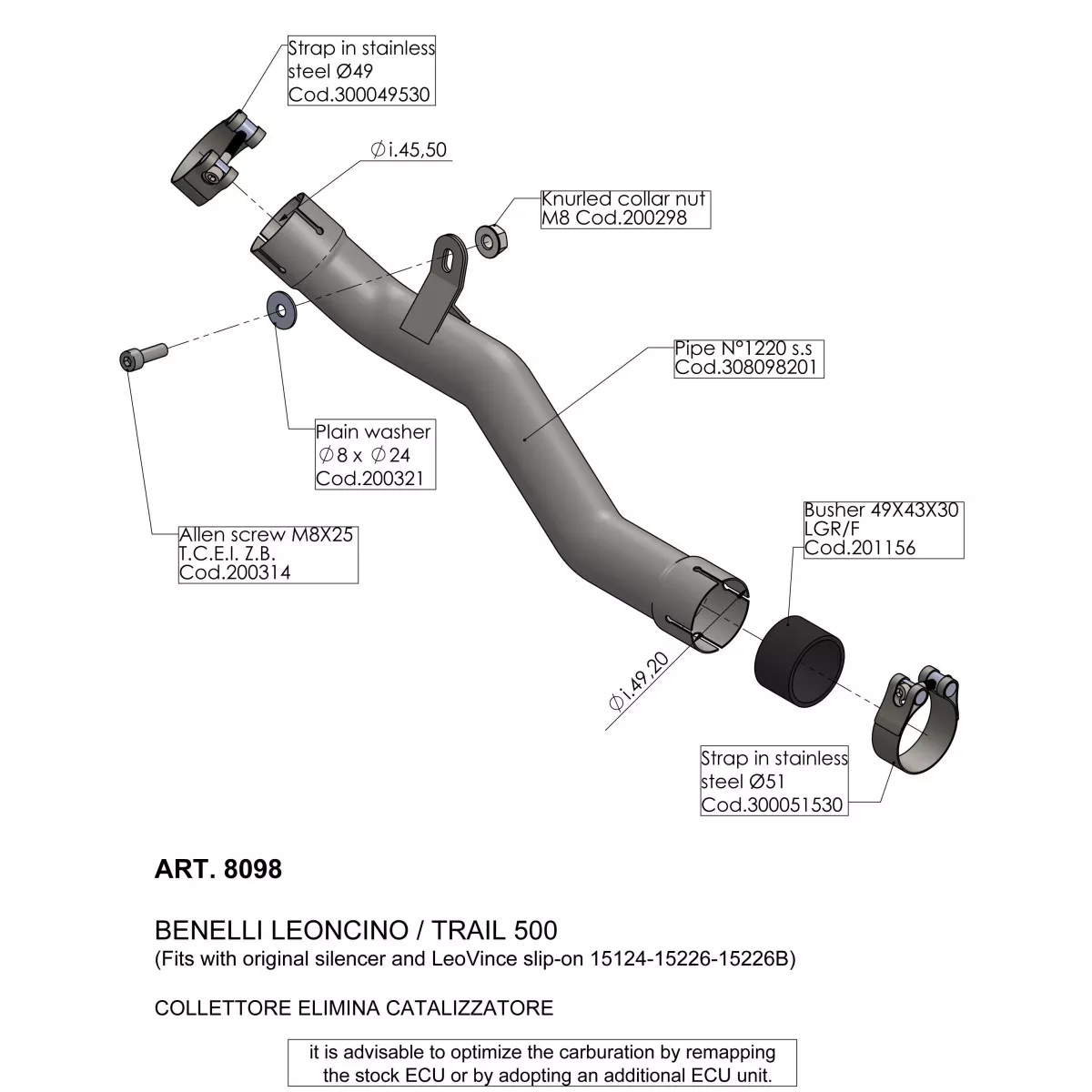 Tube décatalyseur racing 8098 pour échappement LeoVince et origine sur ...